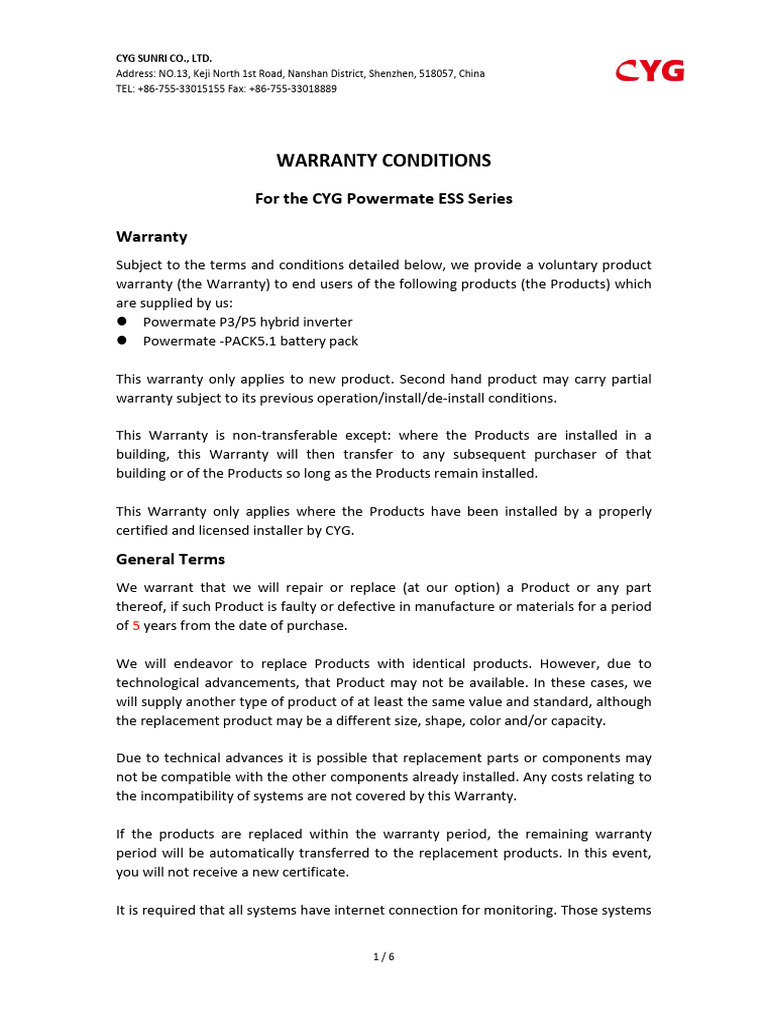 CYG Powermate ESS Warranty Conditions | PDF | Product Liability | Safety