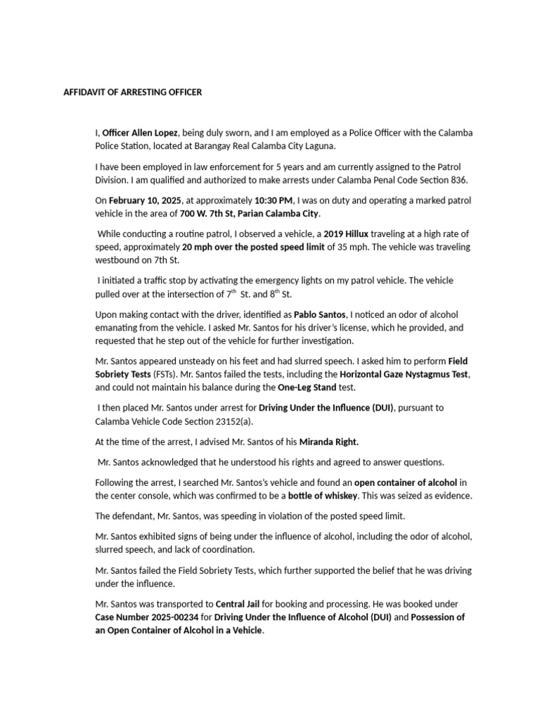 Affidavit of Arrest for DUI Case | PDF | Driving Under The Influence ...