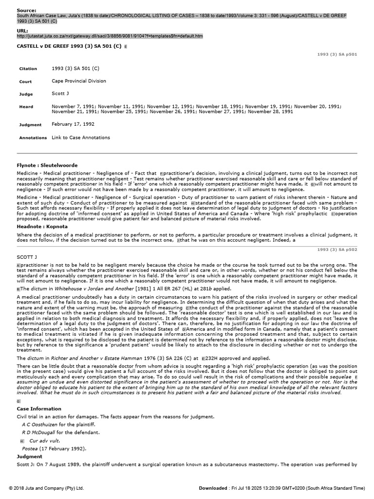 CASTELL V DE GREEF 1993 (3) SA 501 (C) | PDF | Negligence | Informed ...