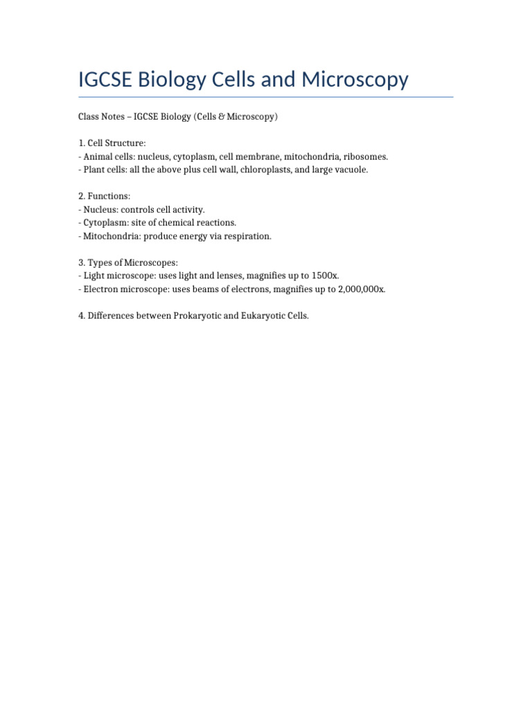 IGCSE Biology Cells and Microscopy | PDF