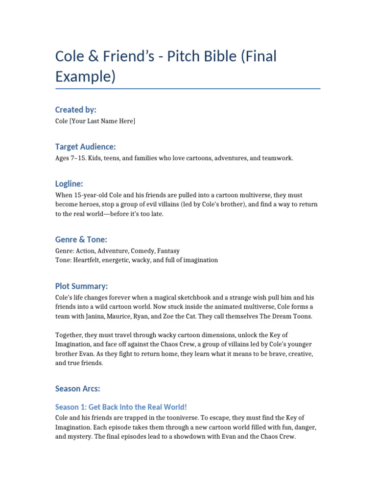 Cole and Friends Final Pitch Bible Example | PDF