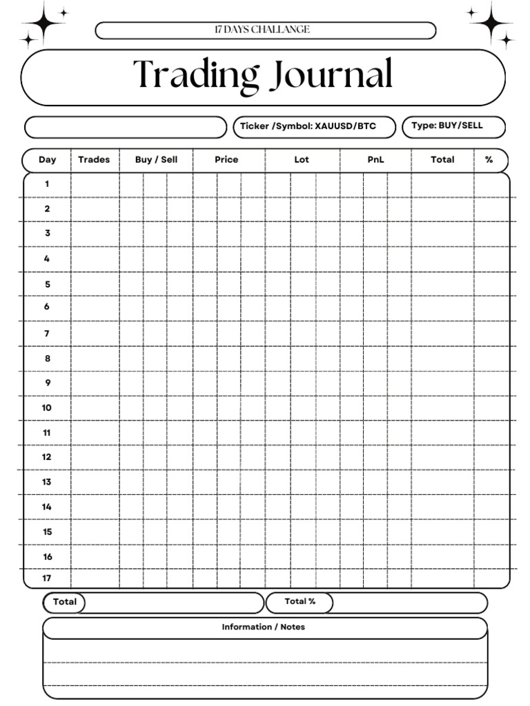 Black and White Simple Classic Stock Market Trading Journal Planner | PDF