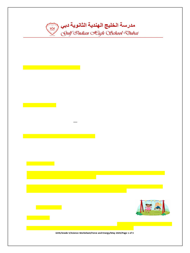 Grade 5 Force and Energy Worksheet | PDF | Force | Potential Energy