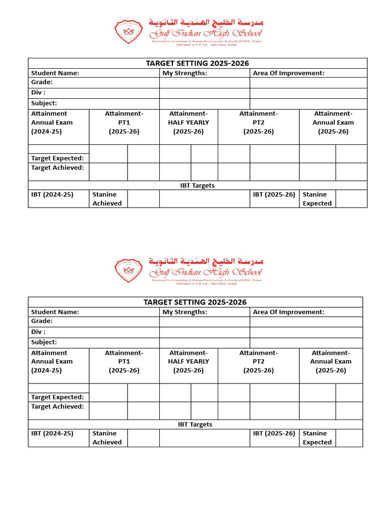Student Target Setting 2025-2026 | PDF