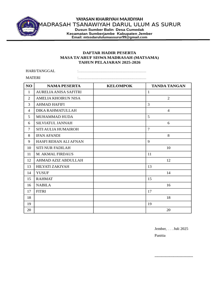 Daftar Hadir Peserta Matsama 2025 | PDF