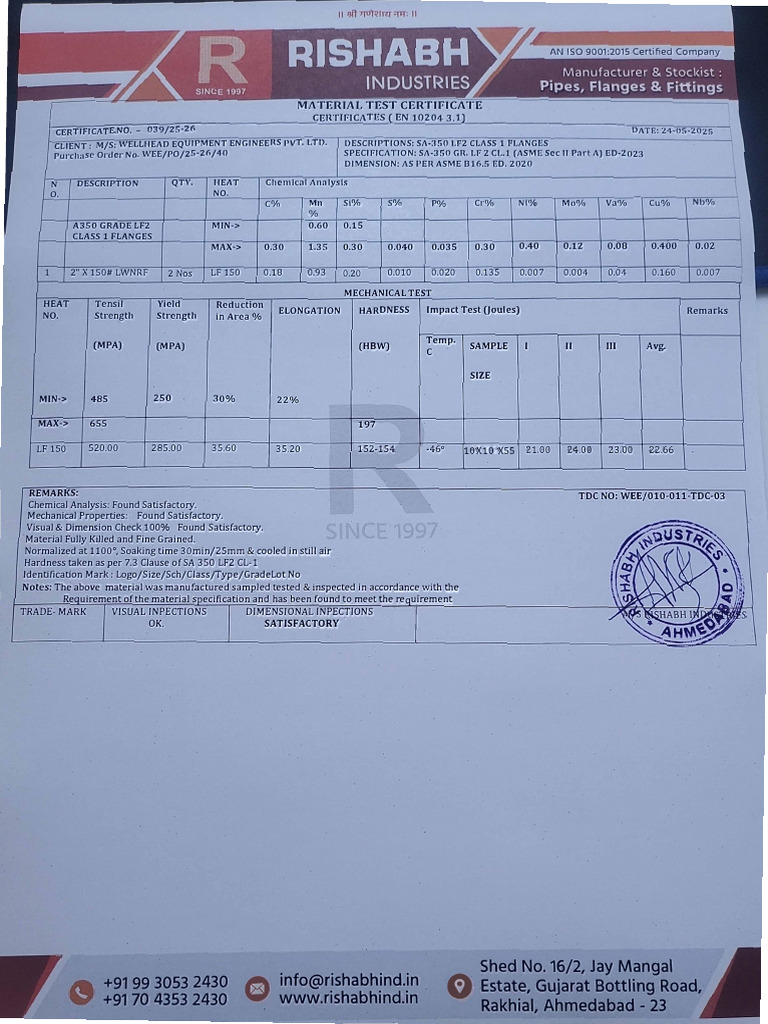 2 Inch 150 #LWNRF TC Rishabh | PDF | Materials | Mechanical Engineering