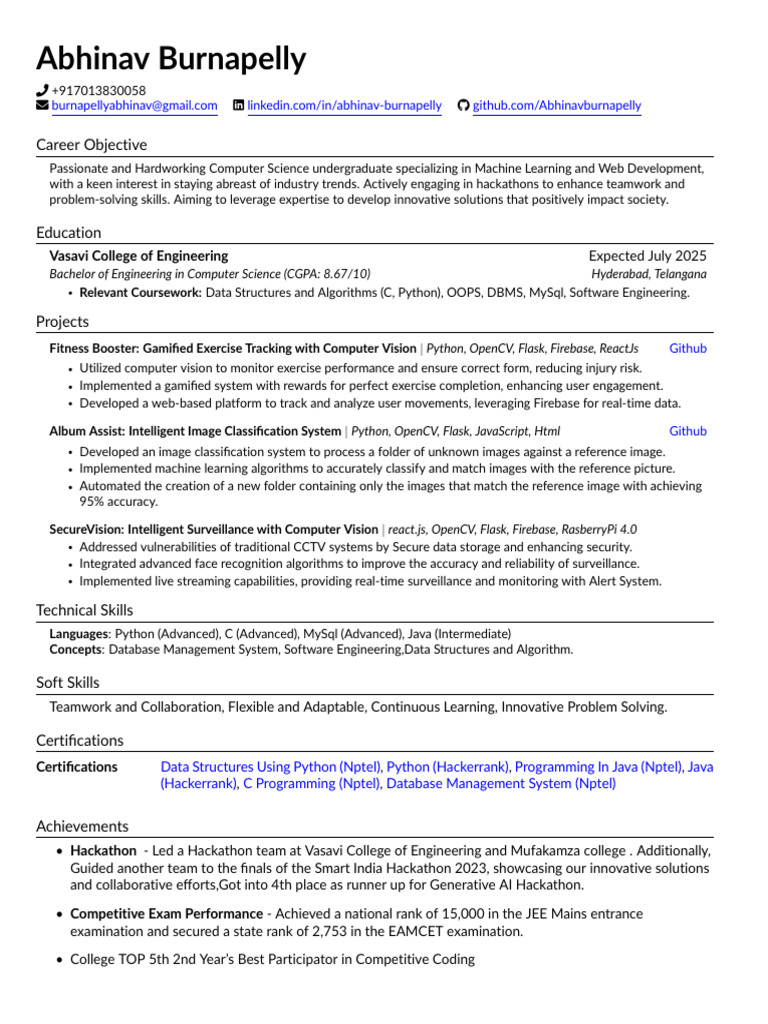 Abhinav Burnapelly Resume | PDF | Computer Vision | Databases