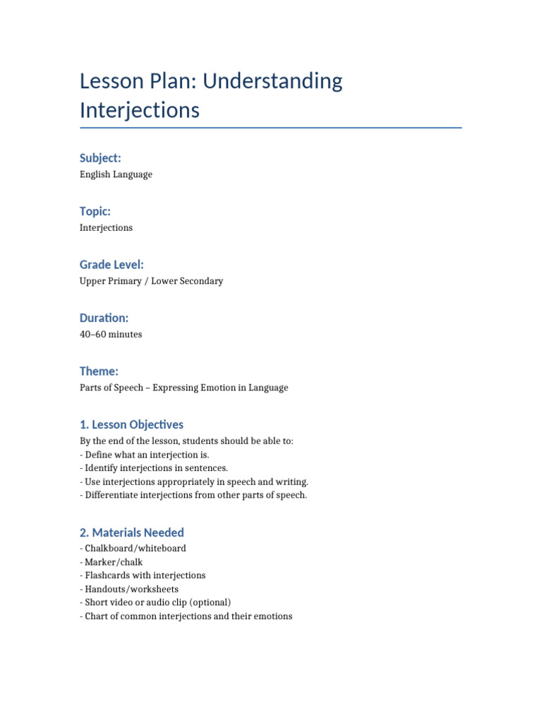 Lesson Plan Interjections | PDF | Semantic Units | Human Communication