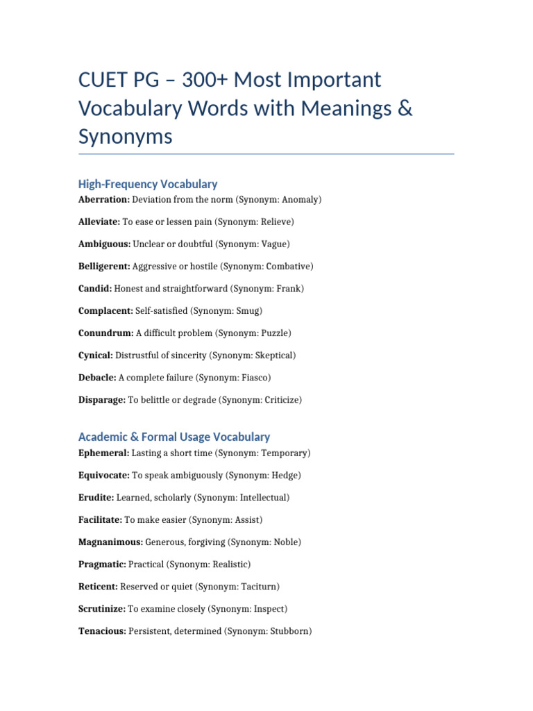 Essential Vocabulary for CUET PG | PDF