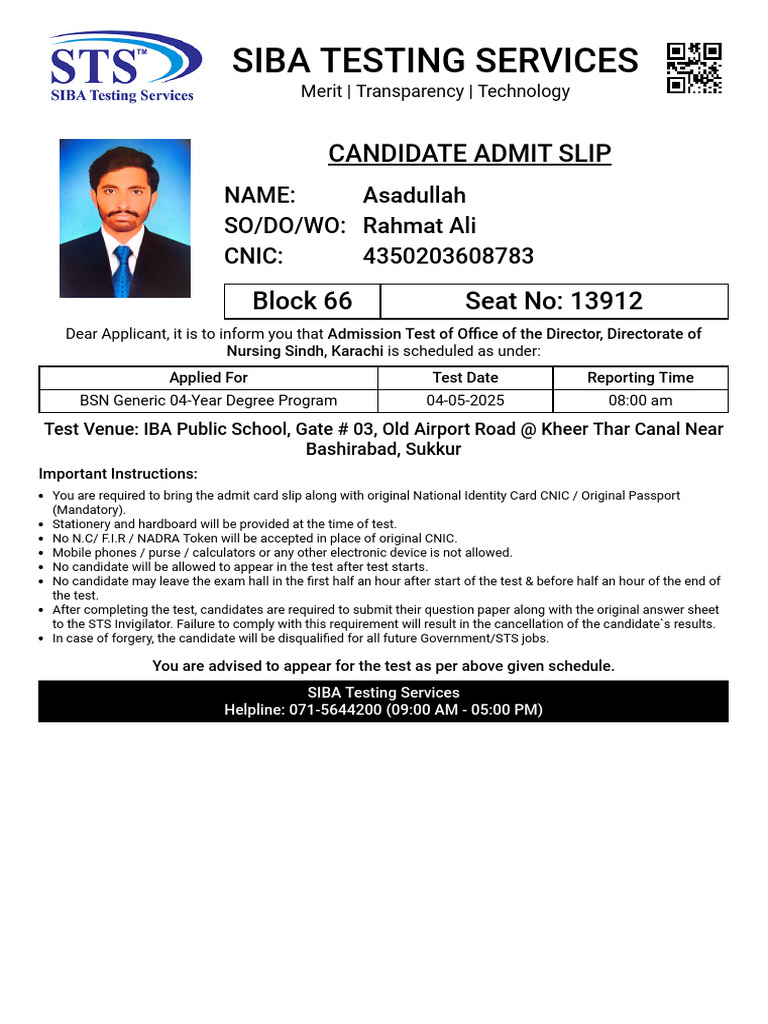 Siba Testing Services: Candidate Admit Slip | PDF