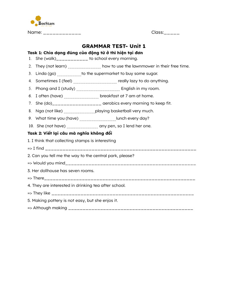 Grammar Test - Unit 1 - But 1 - Global 7 | PDF