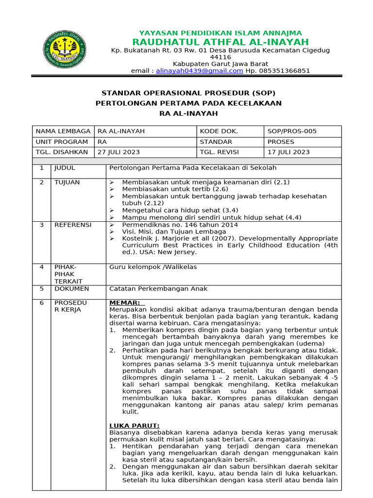 5 Sop Paud Pertolongan Pertama Pada Kecelakaan | PDF