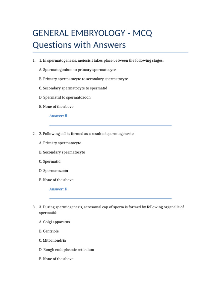 General Embryology MCQs with Answers | PDF
