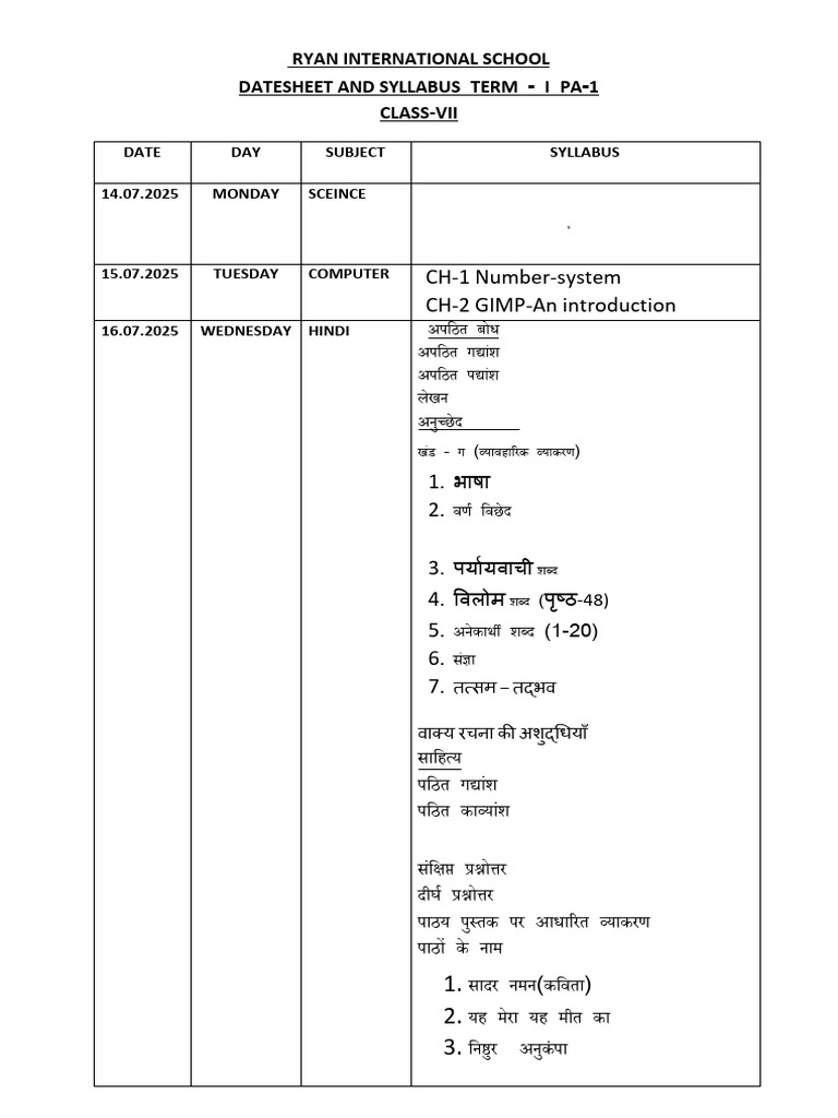 Class 7 Term - 1 PA - 1 Syllabus | PDF