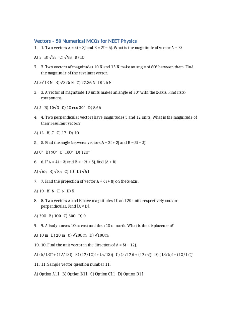 NEET Vectors MCQs 1 To 50 | PDF | Euclidean Vector | Space