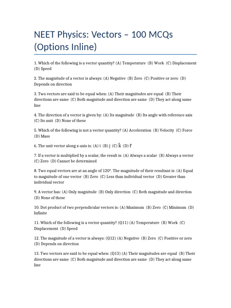 NEET Physics Vectors 100 MCQs Inline | PDF | Euclidean Vector | Velocity