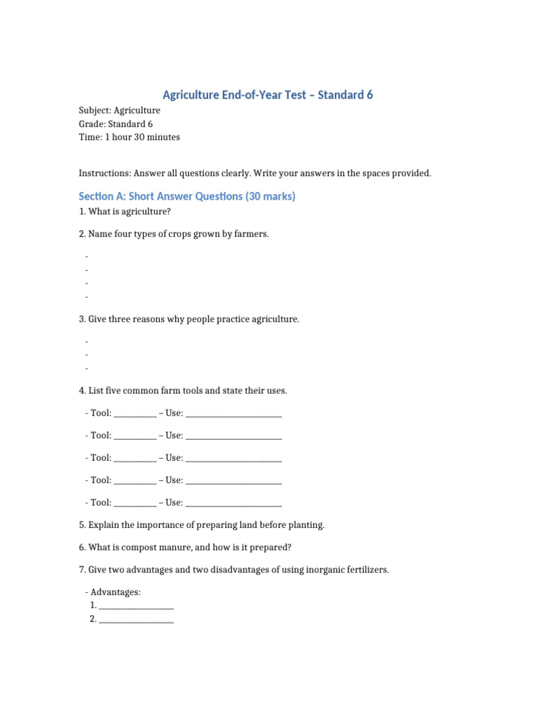 Standard 6 Agriculture Test Guide | PDF