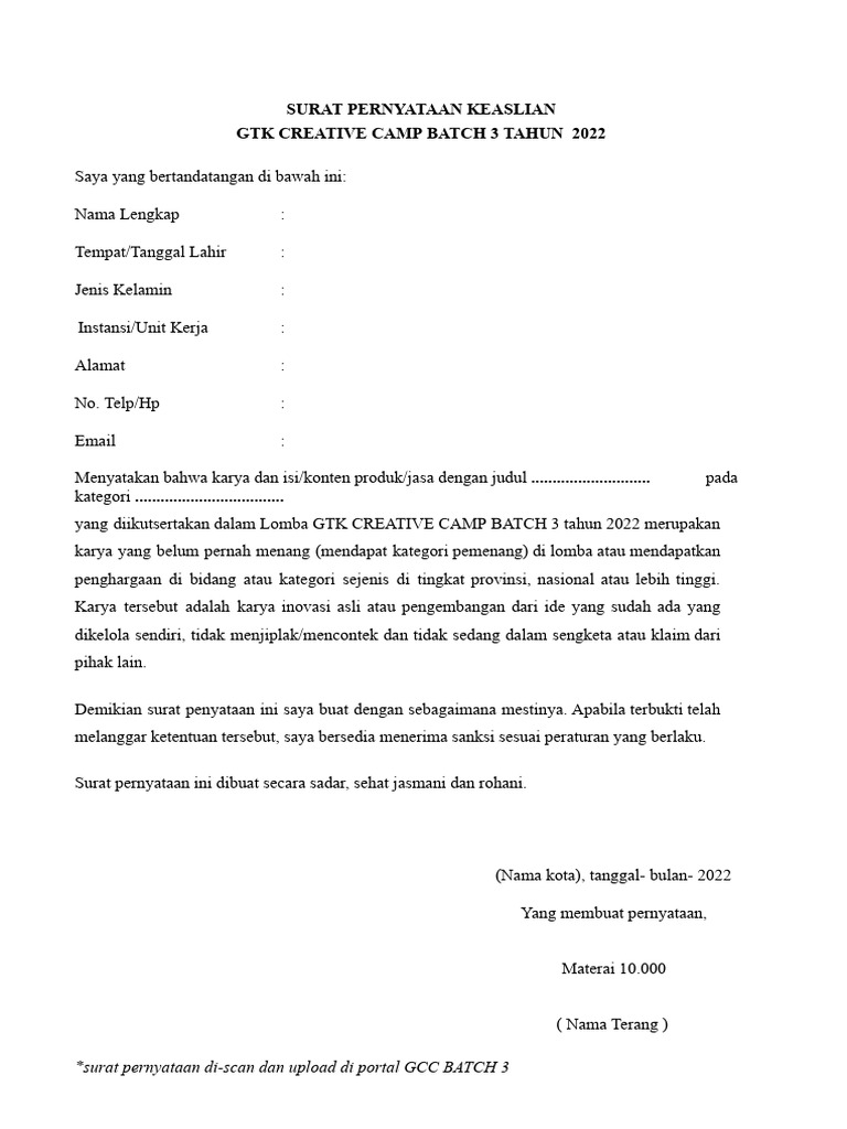 Surat Pernyataan Keaslian Karya GCC Batch 3 | PDF