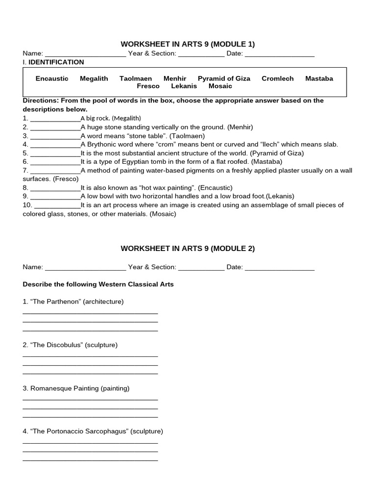 Worksheet On ARTS 9 Module 1 and 2 ANSWER | PDF