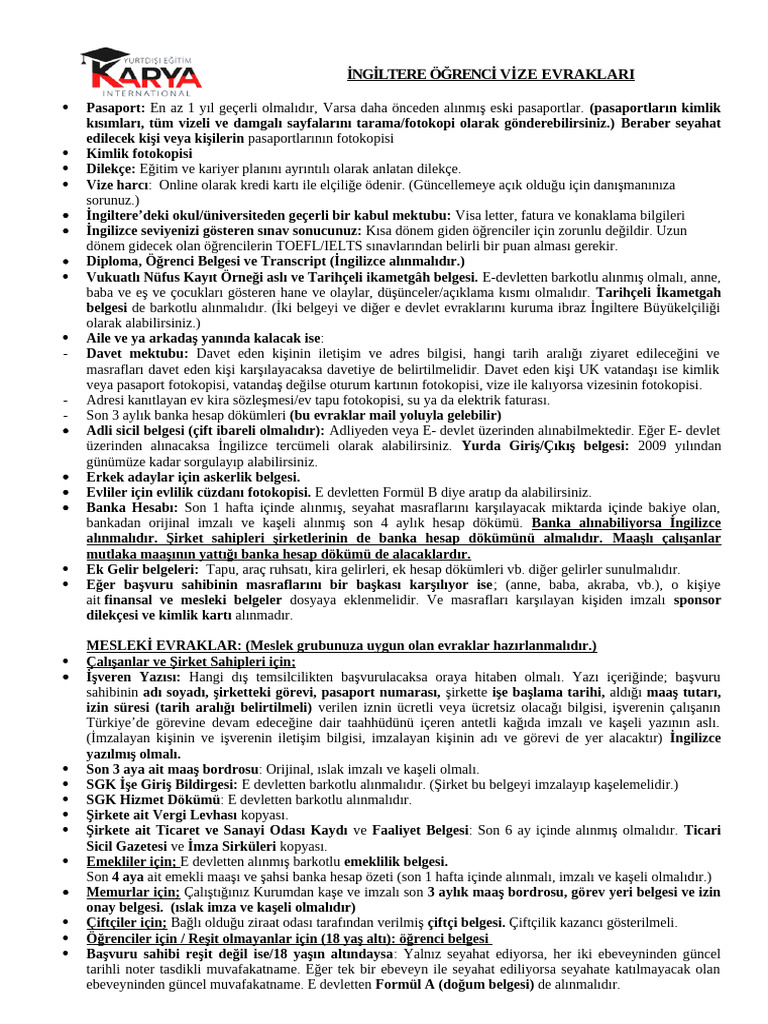 İngiltere Öğrenci Vize Evrakları | PDF