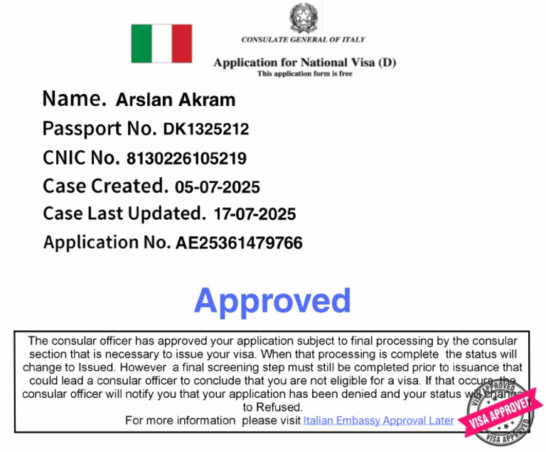 Italian Visa Approval Later | PDF