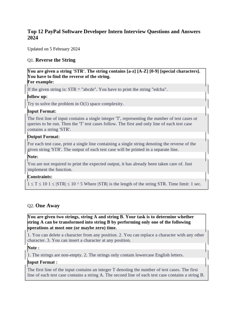 PayPal Intern Interview Questions 2024 | PDF | String (Computer Science ...