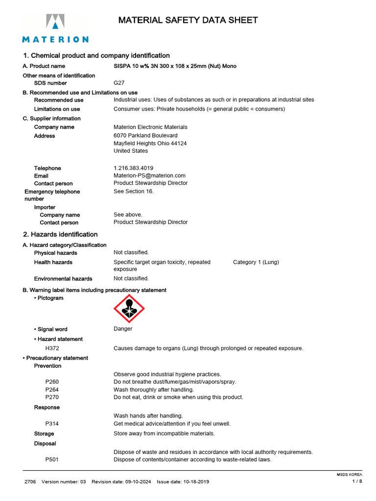g27 - Sispa 10 W% 3n 300 X 108 X 25mm (Nut) Mono - Msds-Korea - English | PDF | Dangerous Goods ...