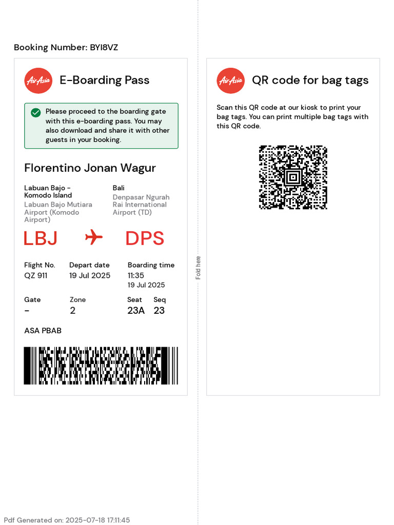 E-Boarding Pass QR Code For Bag Tags: Booking Number: BYI8VZ | PDF