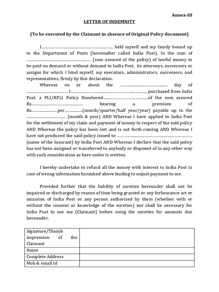 Post Office Indemnity Letter Template | PDF | Civil Law (Legal System ...
