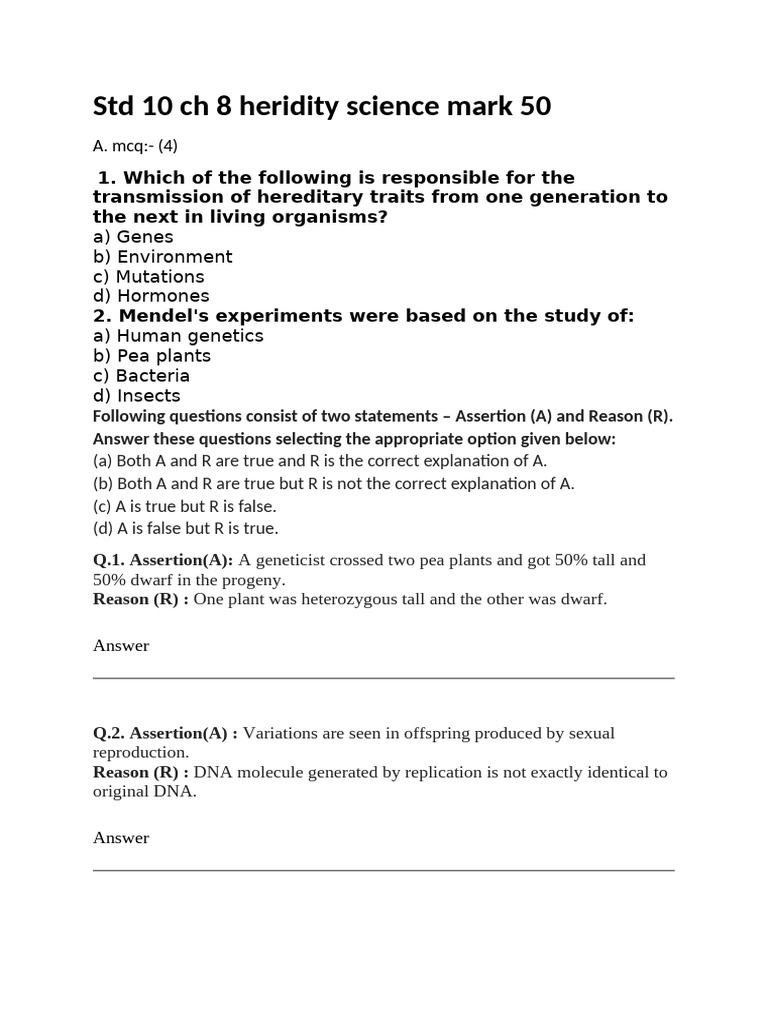STD 10 CH 8 Heridity Science Mark 50 | PDF | Dominance (Genetics) | Life Sciences