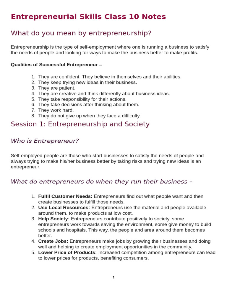 Class 10 Entrepreneurship Skills Notes | PDF | Entrepreneurship | Economics