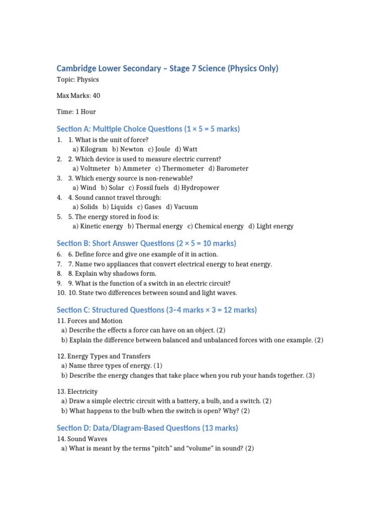 Stage 7 Physics Question Paper 2025 | PDF