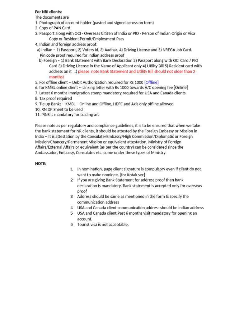NRI Account Opening Document Checklist | PDF