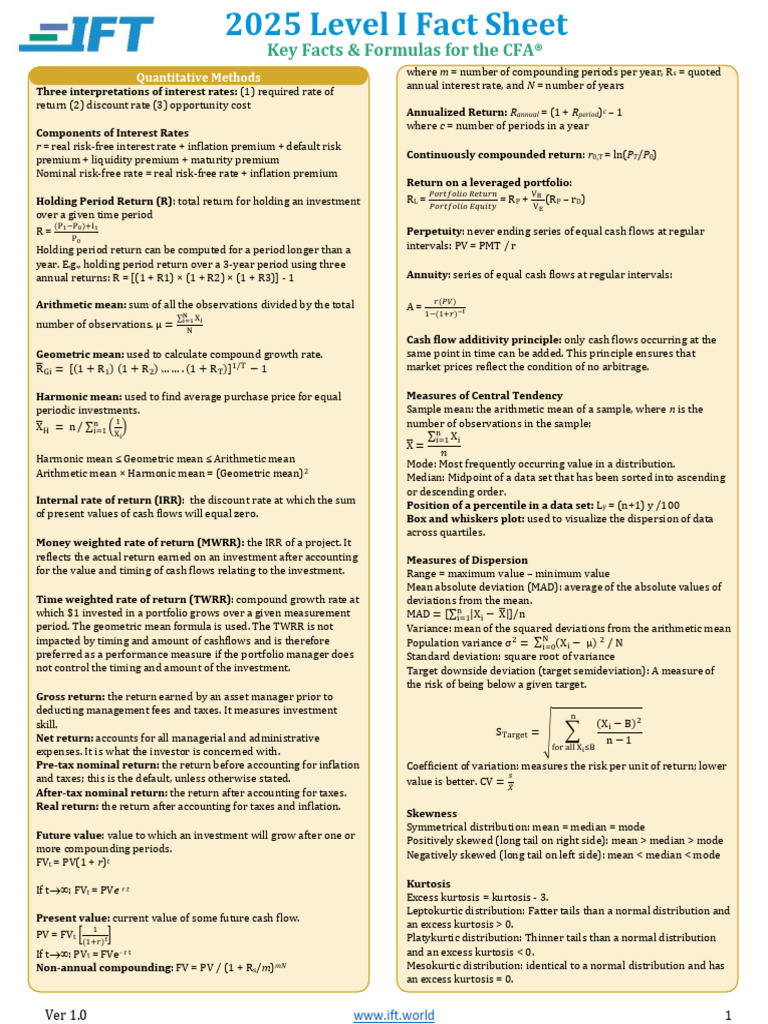 2025 IFT CFA Level I Facts and Formula Sheet hd4wwj | PDF | Regression ...