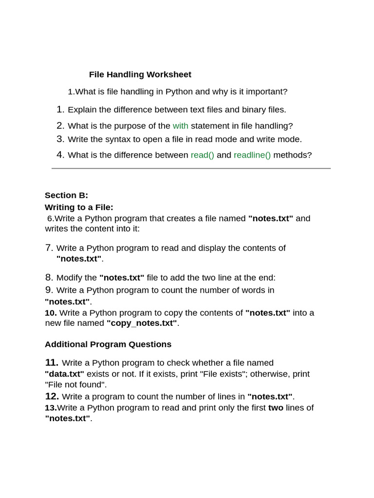 File Handling Worksheet Revision | PDF