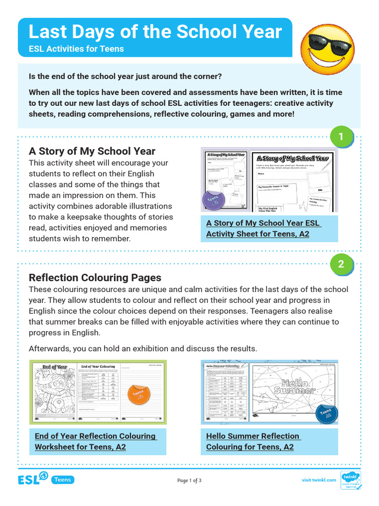 T 1745231093 Last Days of School Year Esl Activities Teens A2 b1 Ver 4 ...
