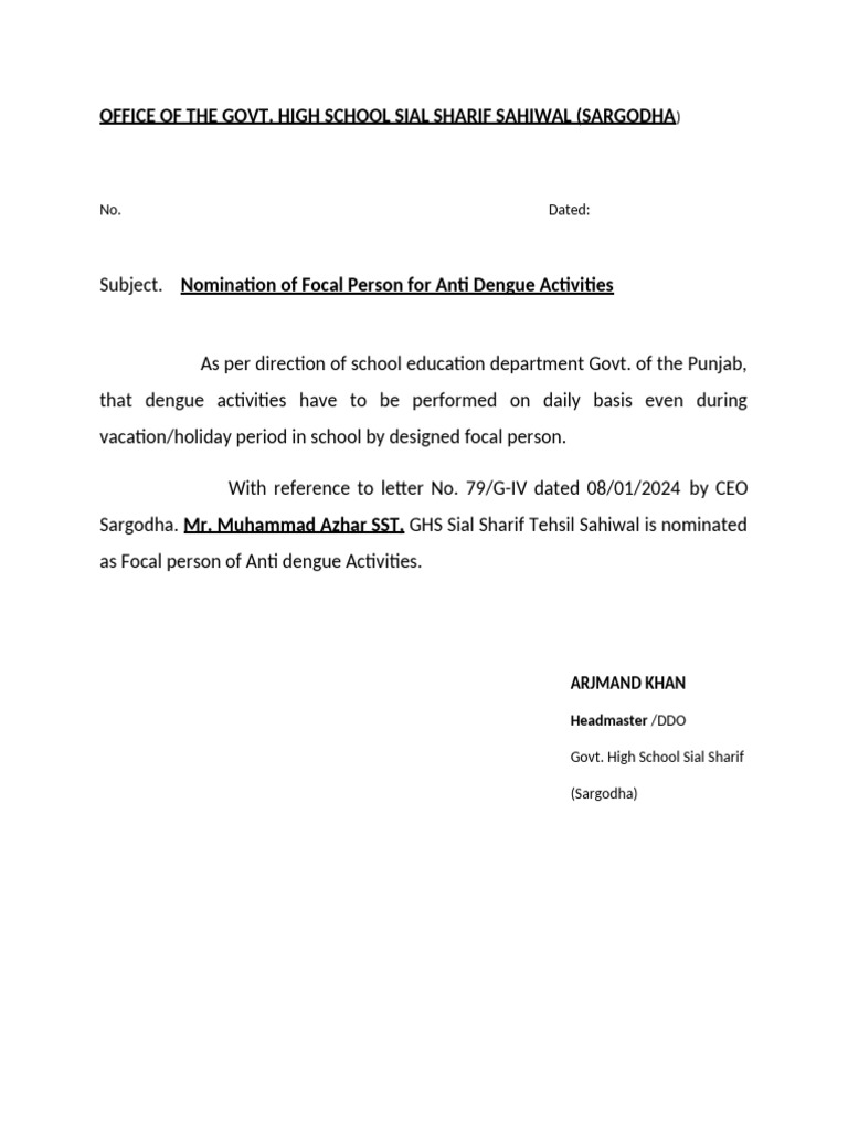 Anti Dengue Focal Person Nomination | PDF