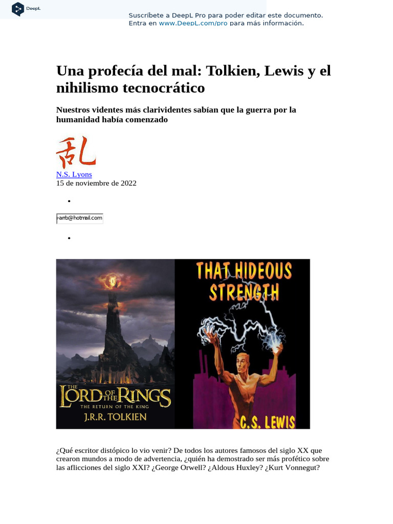 A Prophecy of Evil - Tolkien, Lewis, and Technocratic Nihilism Es | PDF ...