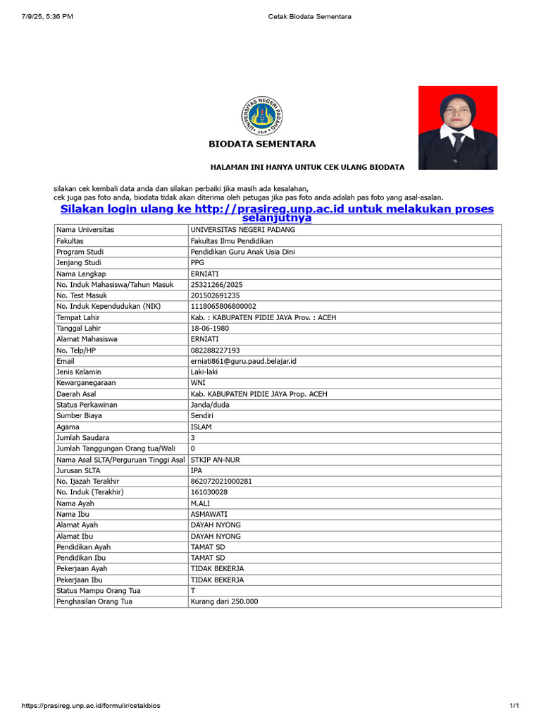 Cetak Biodata Sementara ERNIATI | PDF