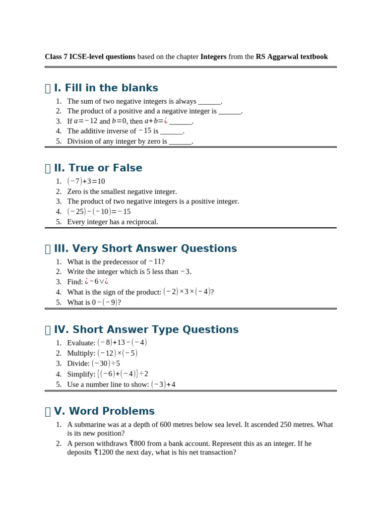Class 7 ICSE Integers Mental Maths | PDF | Integer | Mathematics