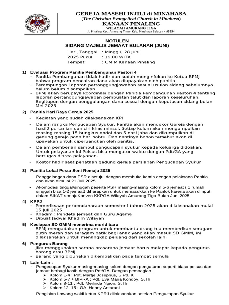 Notulen Sidang Remaja GMIM Juni 2025 | PDF