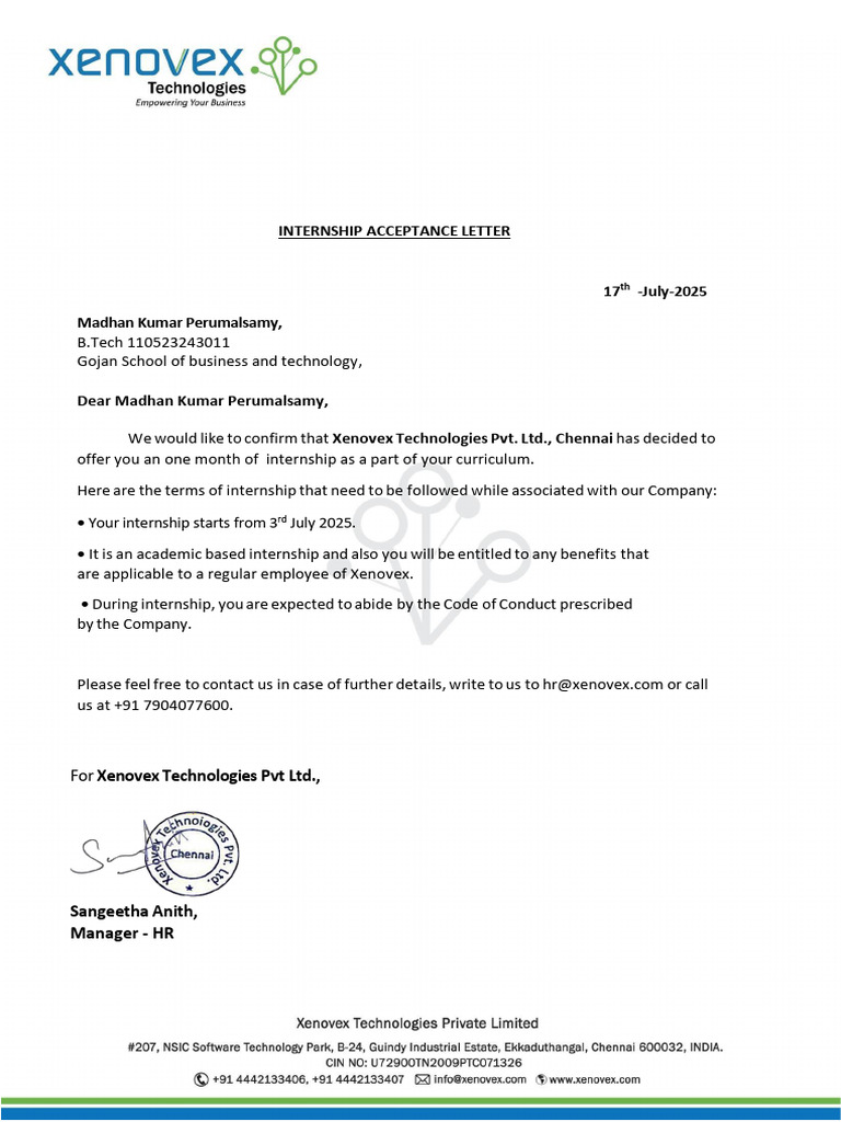 Internship Acceptance Letter - Madhankumar | PDF