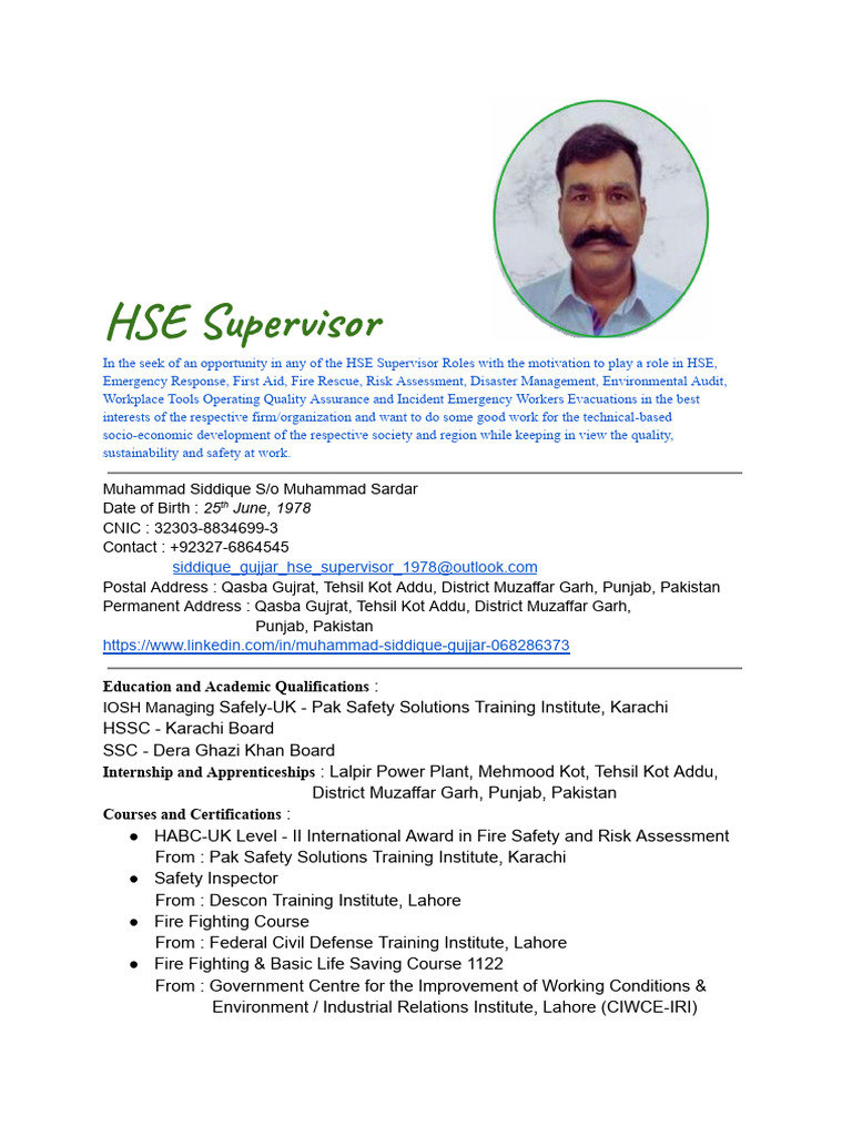 HSE Supervisor Experience and Skills | PDF | Safety