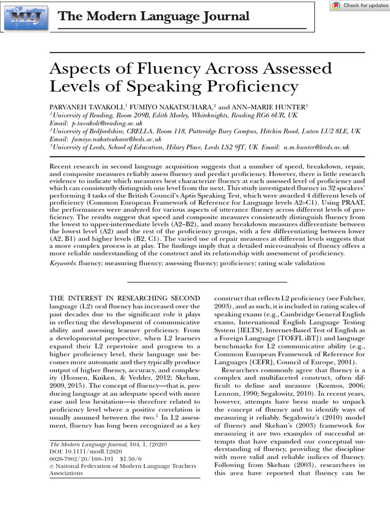 The Modern Language Journal - 2020 - TAVAKOLI - Aspects of Fluency ...