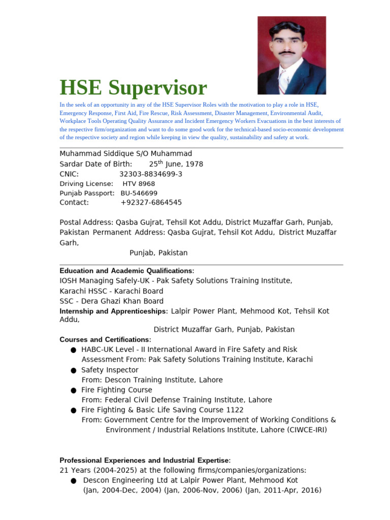 HSE Supervisor Resume and Qualifications | PDF | Safety