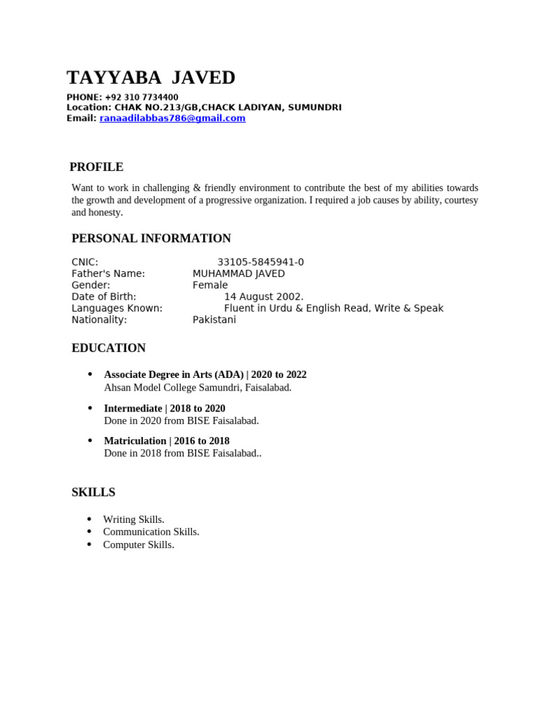 Tayyaba Javed - Resume and Profile | PDF