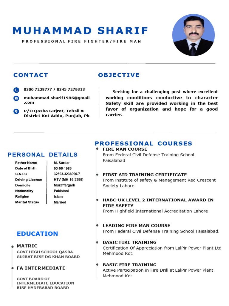 M Sharif Fire Supervisor CV 2025 | PDF | Pakistan