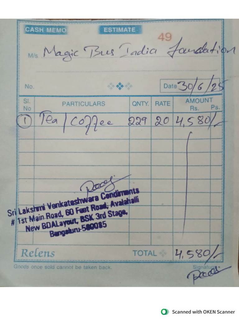 Staff Refreshment Bill For The Month of June | PDF