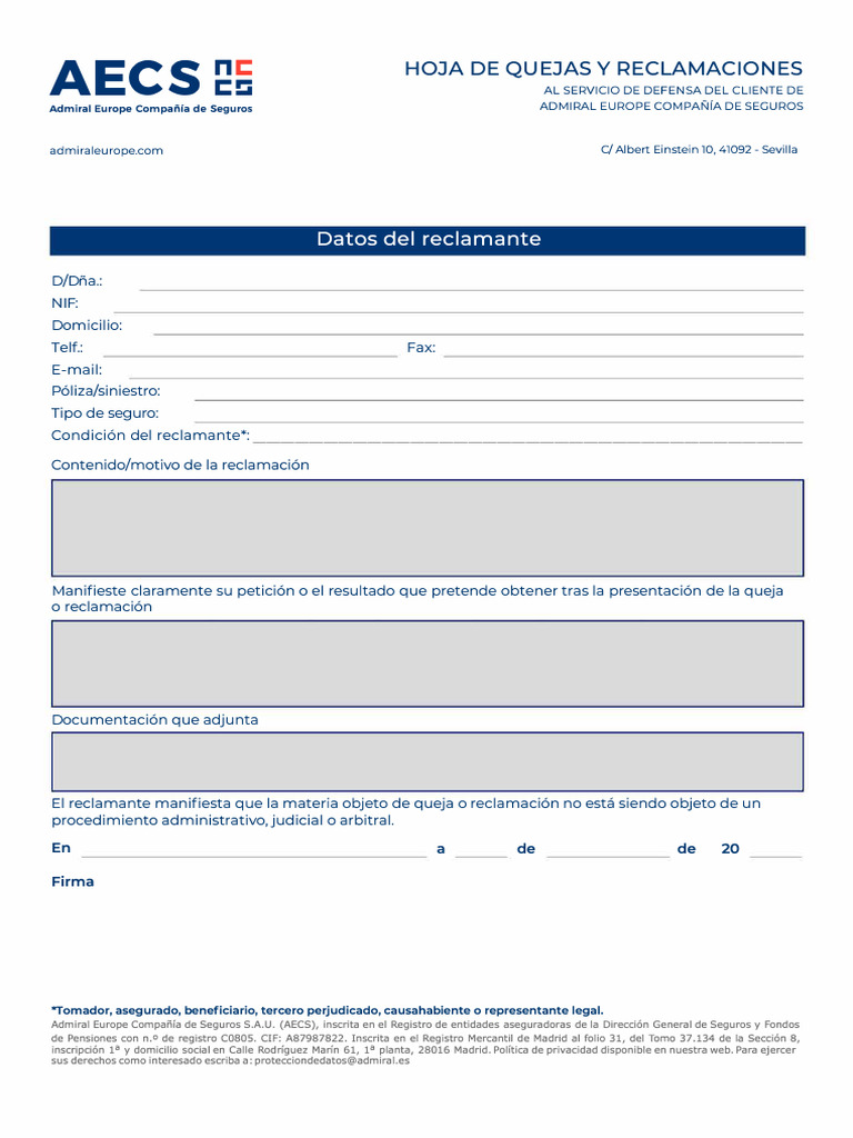 Hoja Reclamaciones AECS Admiral | PDF