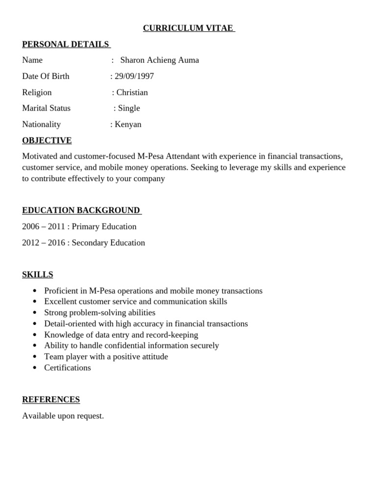 M-Pesa Attendant CV - Sharon Auma | PDF
